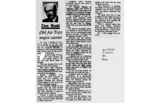 Don Braid discusses Tory planes - 30 years ago | Calgary Herald