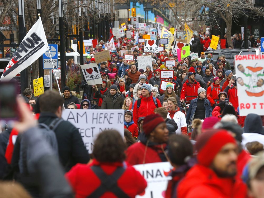 Protesters rally in Calgary against UCP budget cuts | Calgary Herald