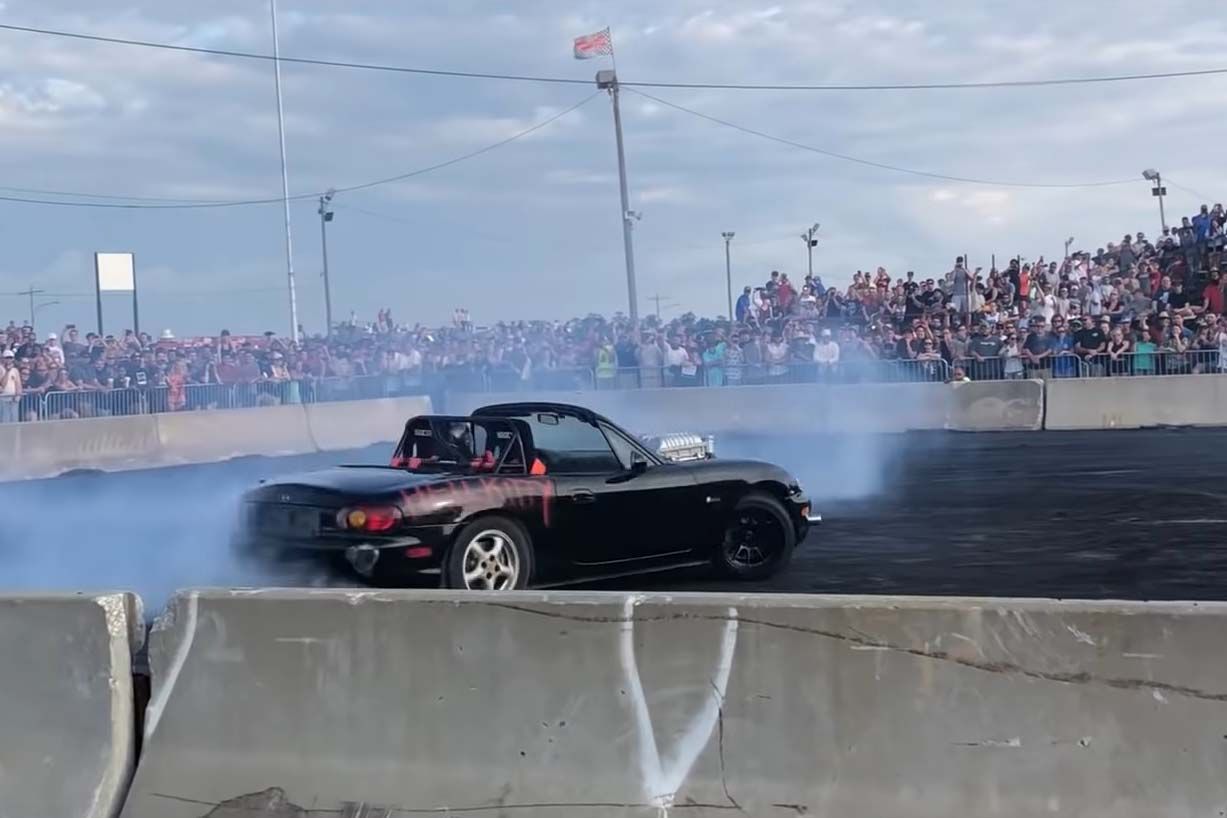 Watch: Hellcat-swapped Mazda Miata does massive smokey donuts | Driving