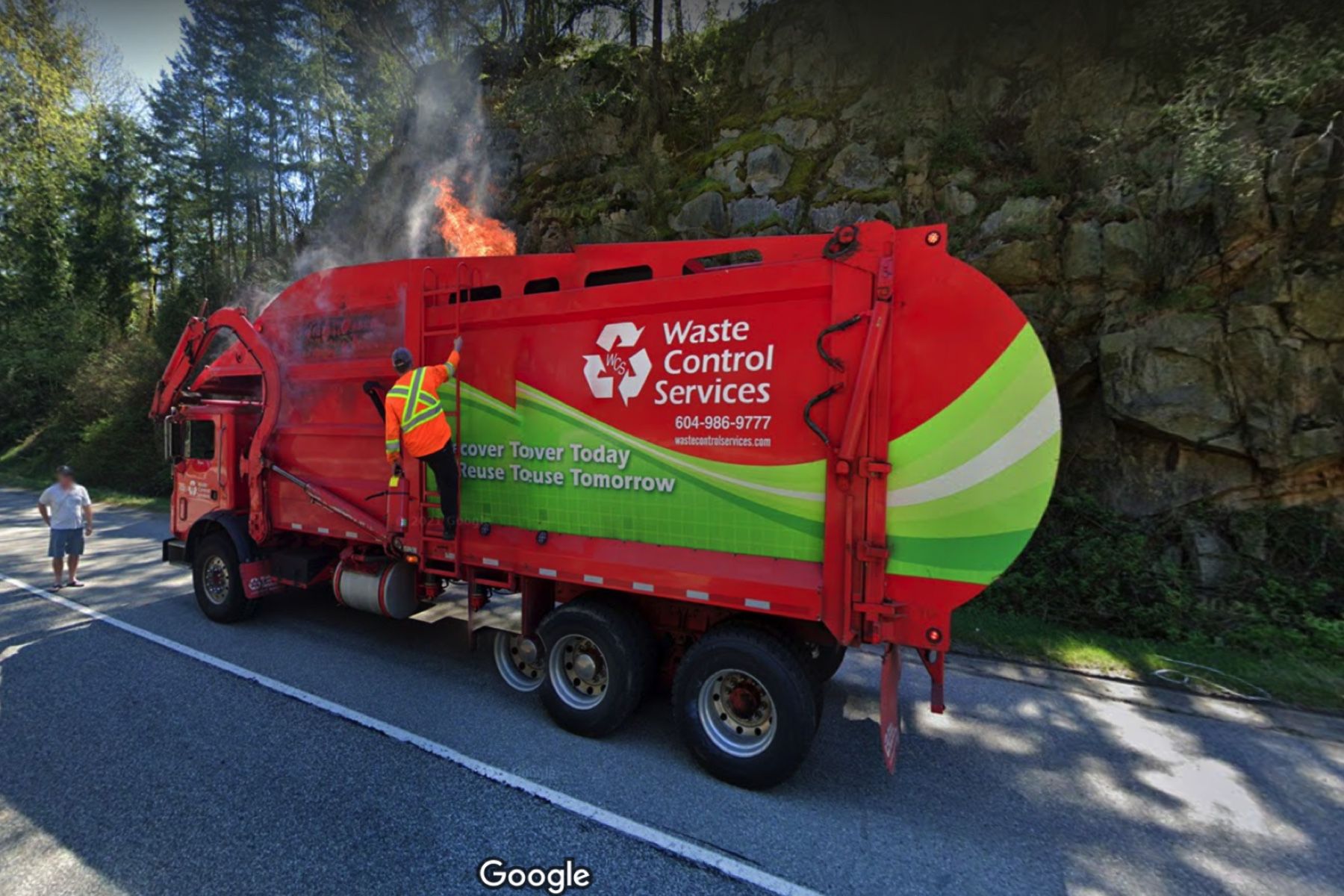 Google Street View Documents Garbage Truck Fire On Trans Canada Highway google-street-view-documents-garbage-truck-fire-on-trans-canada-highway
