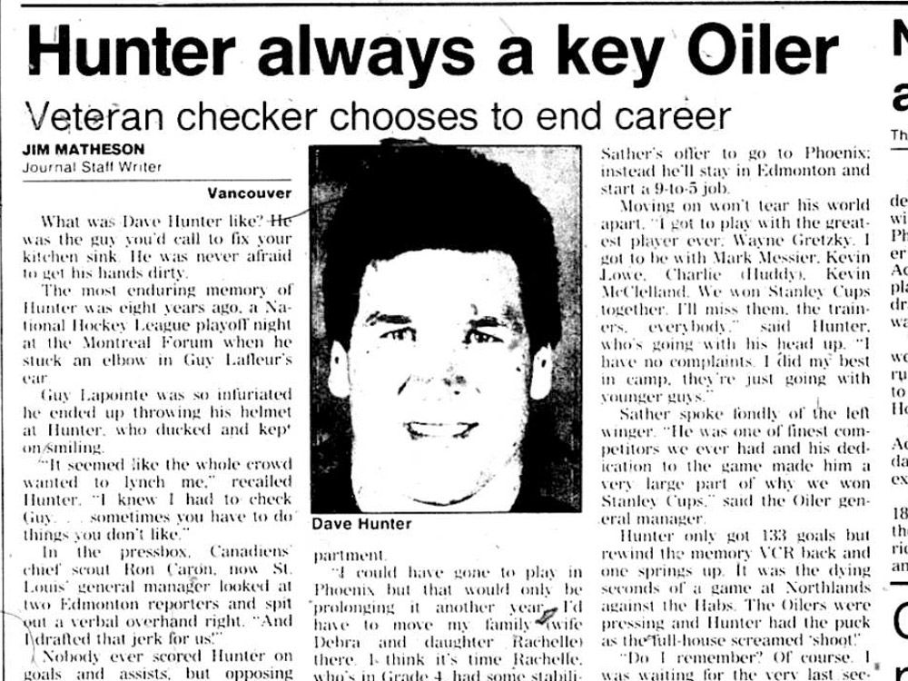 Edmonton Oilers history: Dave Hunter retires after 11 pro seasons, Oct ...
