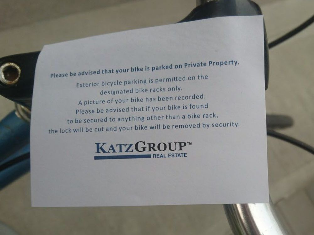 Note on parked bike points to need for more bike racks in Edmonton ...