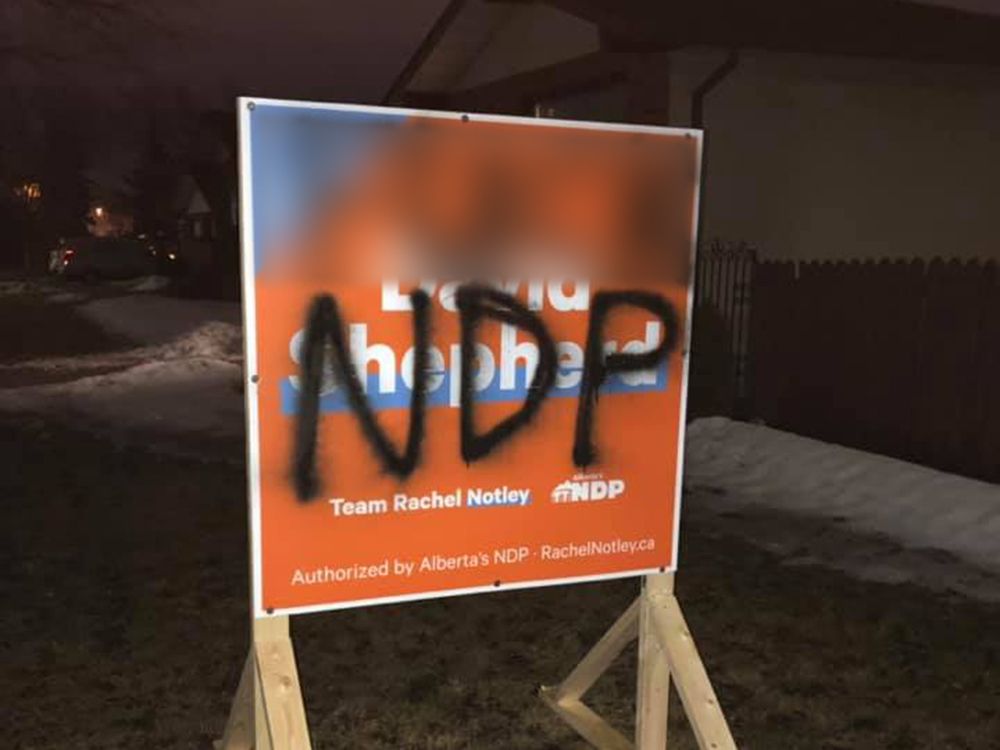 NDP signs vandalized with swastikas, crude language in city centre ...