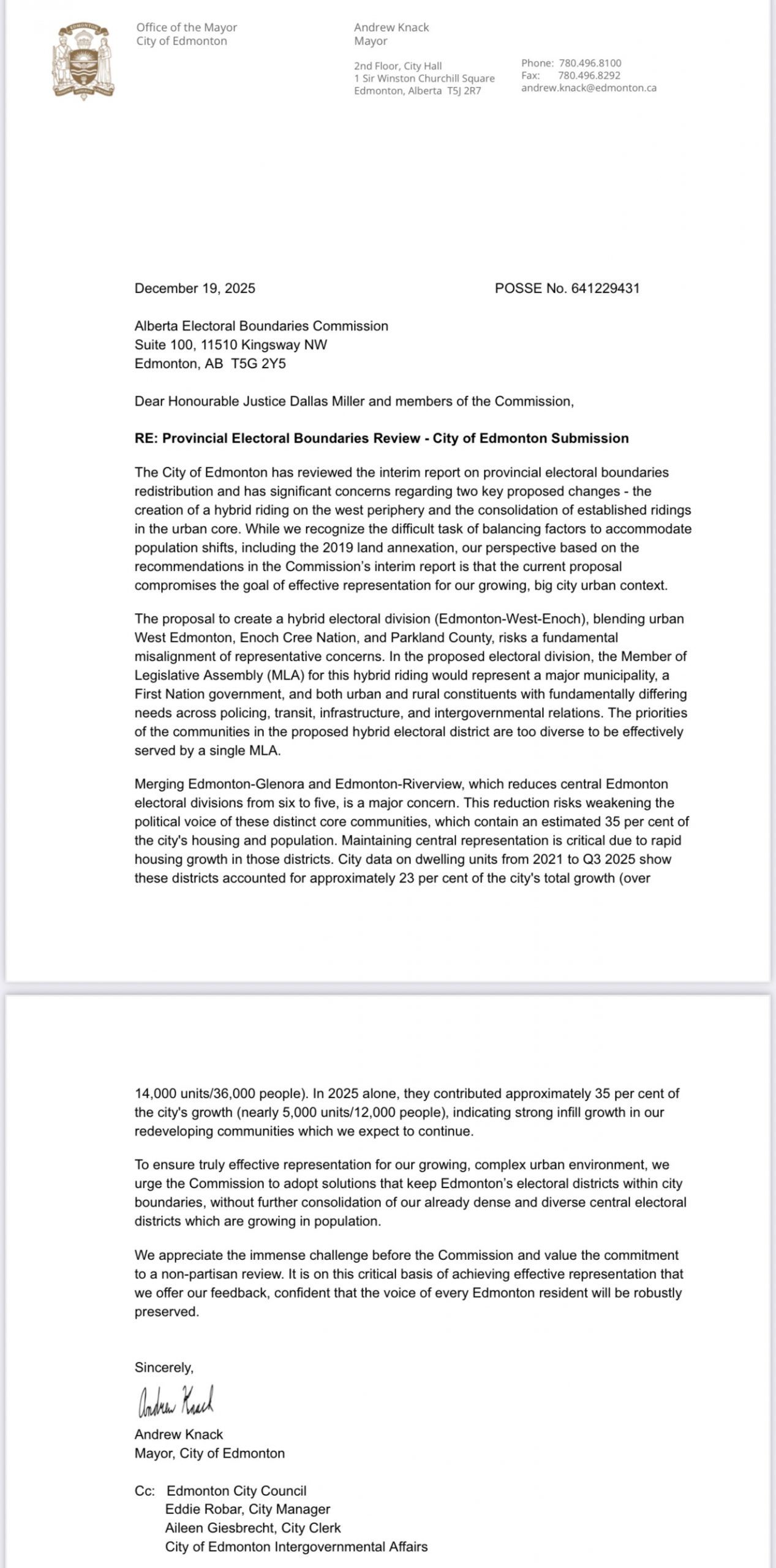 Mayor Knack calls for rethink of Alberta election boundary recommendations