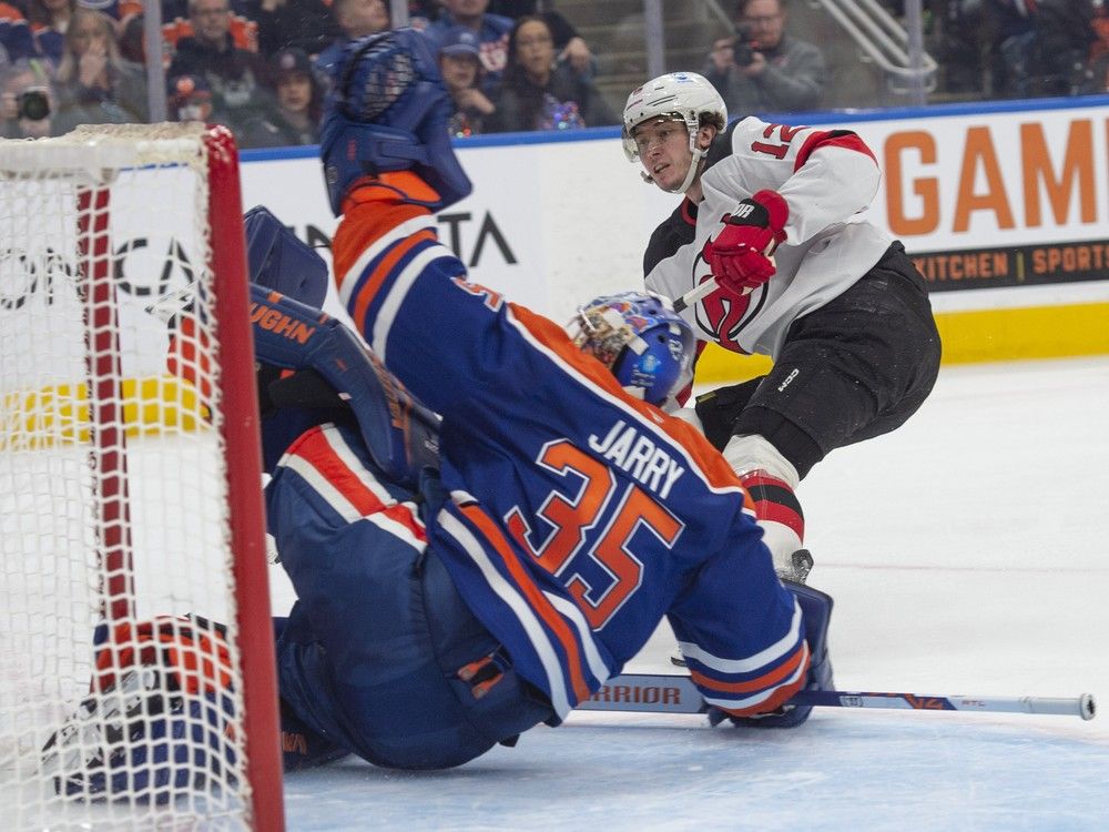 Edmonton Oilers start slow then get goalie-d late versus New Jersey ...