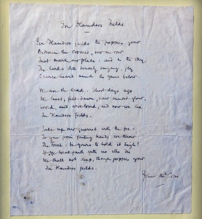 Handwritten copies of In Flanders Fields are artifacts of remembrance ...