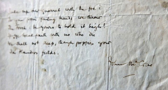 Handwritten copies of In Flanders Fields are artifacts of remembrance ...
