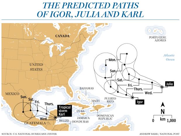 Map: Hurricanes Igor, Julia head west | National Post