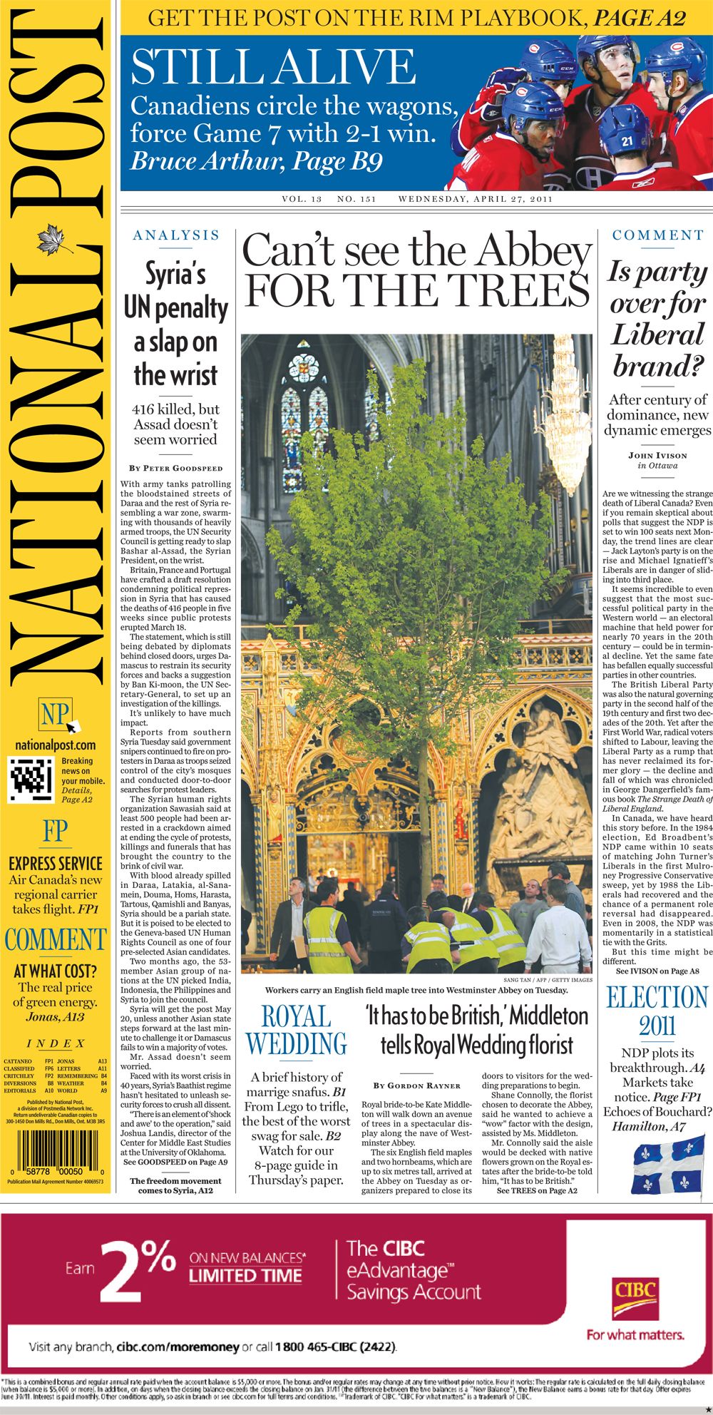 National Post front page for April 27, 2011 | National Post