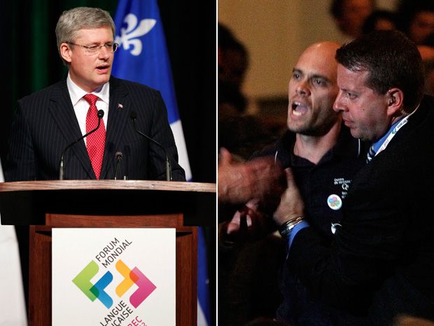 Protester interrupts Stephen Harper's speech at Quebec conference ...