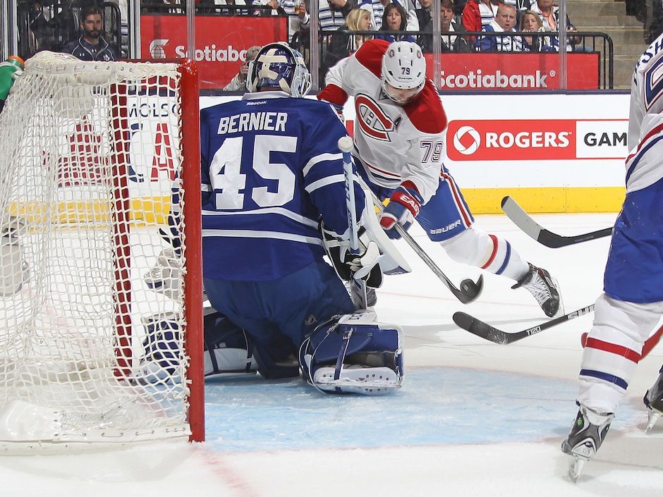 Toronto Maple Leafs goaltender Jonathan Bernier trying to put bad goal ...