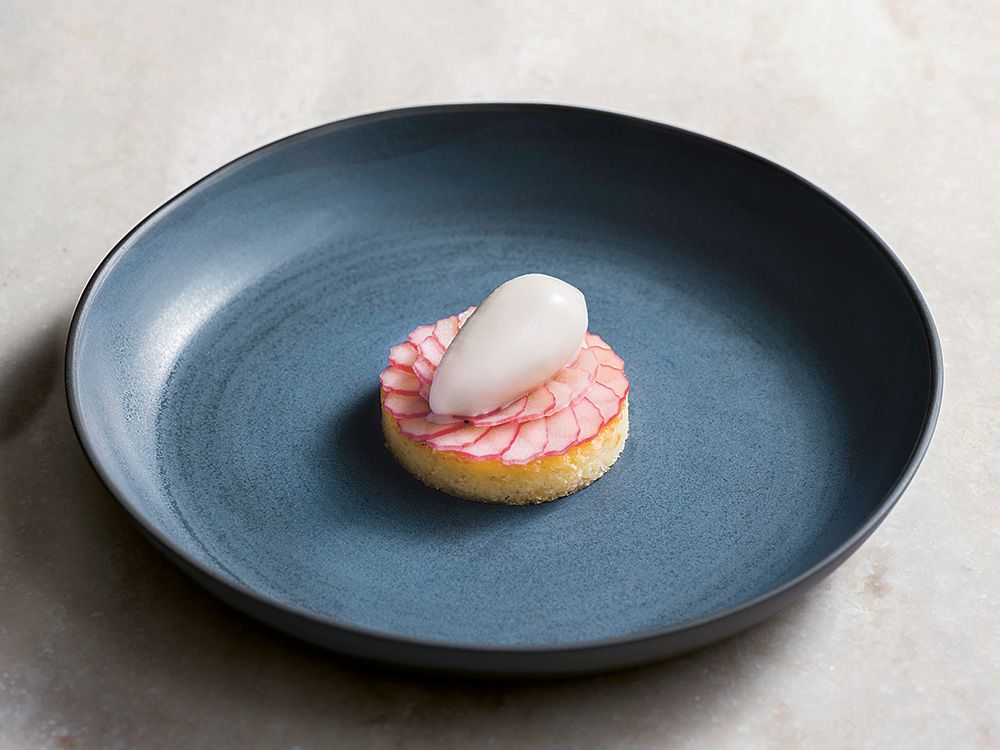 Cook this: Baked sagamité custard, poached rhubarb and yogurt sorbet ...