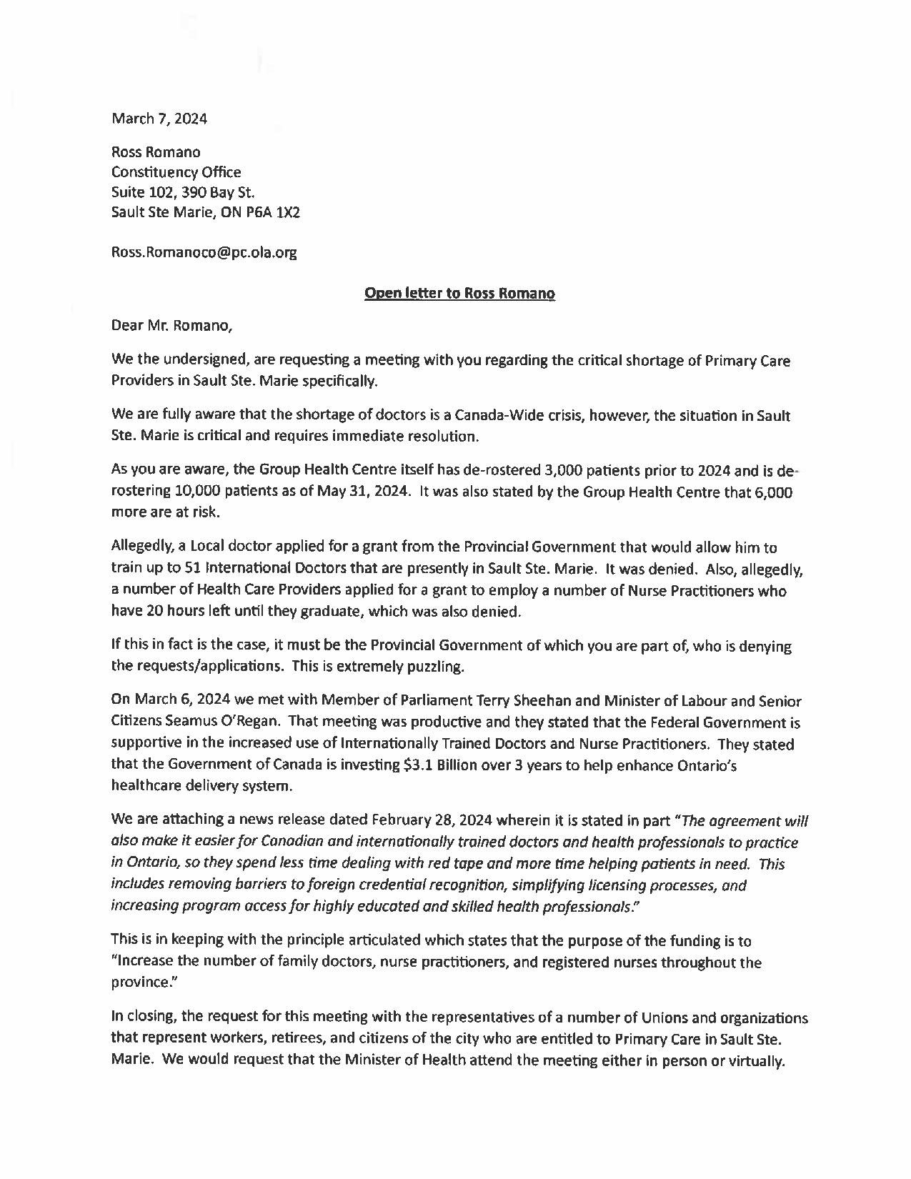 Sault MPP Ross Romano 'cautiously optimistic' derostered patients will ...