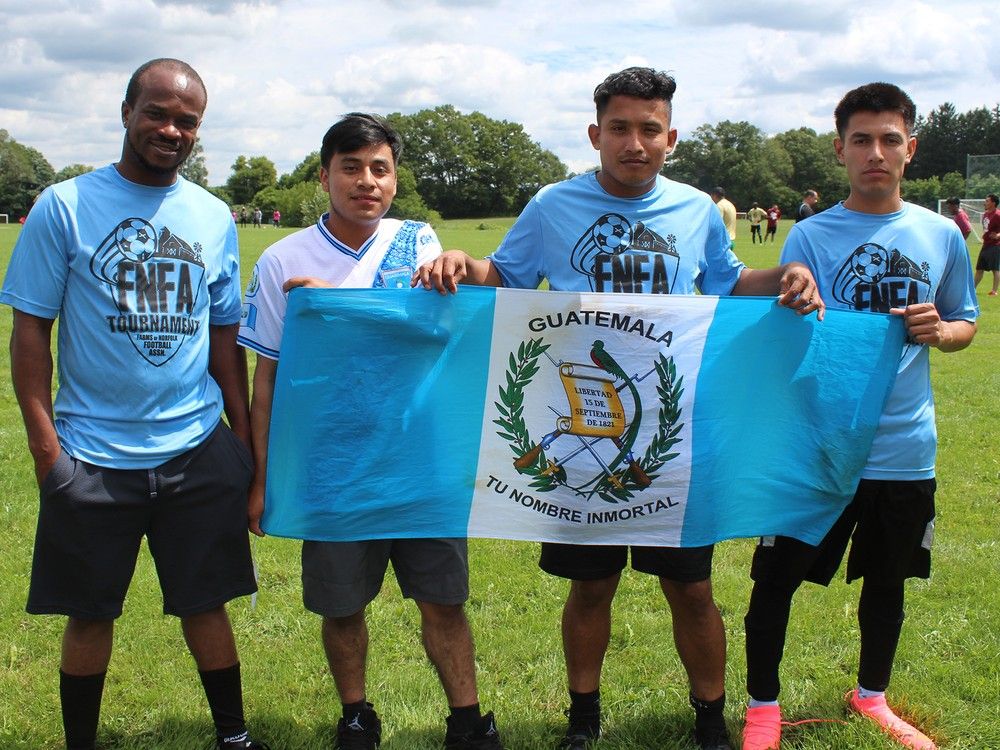 International workers leave farm field for soccer field at weekend ...