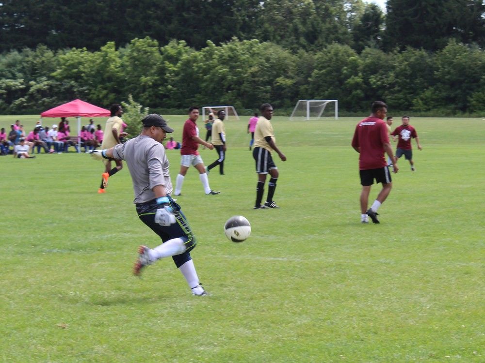 International workers leave farm field for soccer field at weekend ...