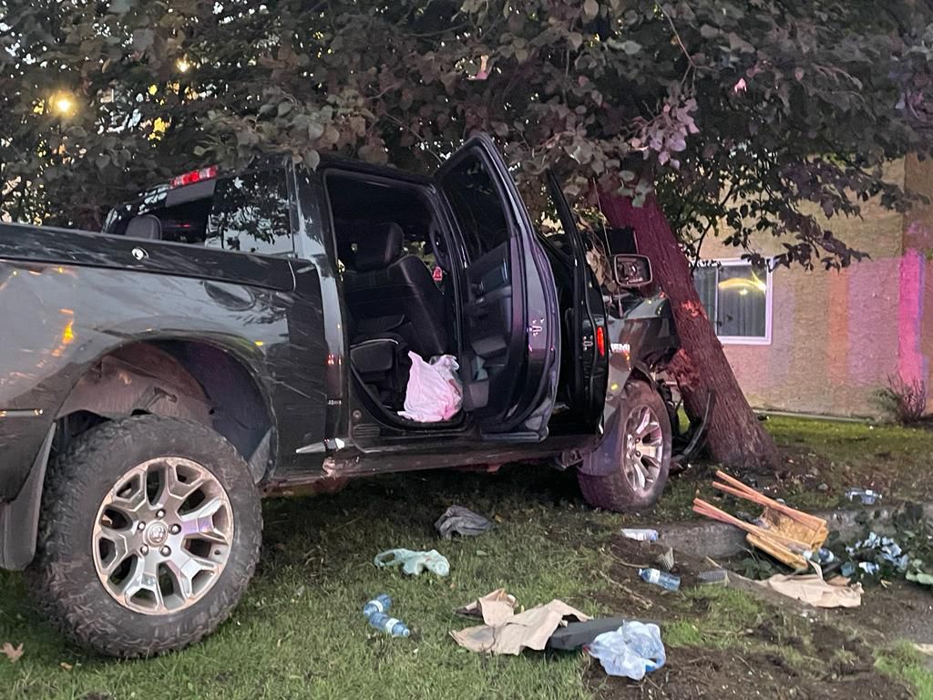 Driver who wrapped truck around tree — narrowly missing building ...