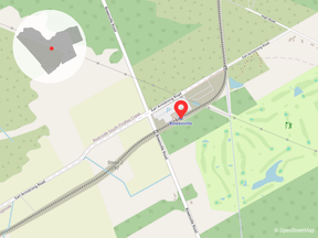 A map with a marker on the Bowesville station surrounded by green