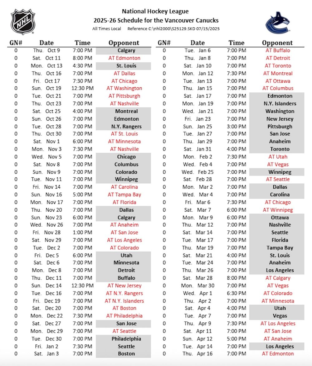 Your (Printable) Vancouver Canucks 2025-26 schedule | The Province