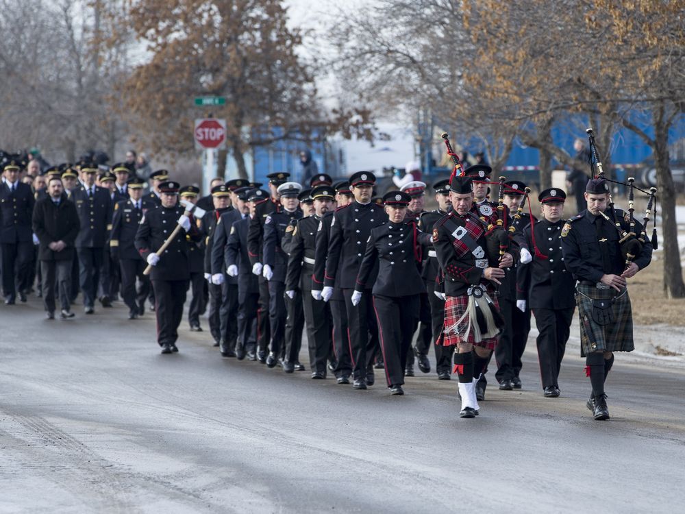 Emergency responders gather as Rosetown firefighter Darrell Morrison is ...