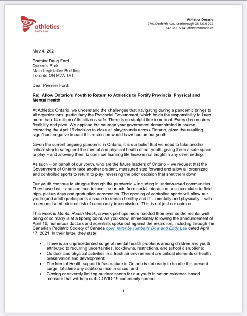 Athletics Ontario letter addressed to Premier Doug Ford | Toronto Sun