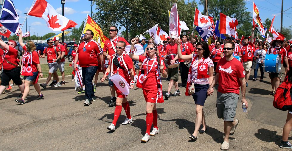Hundreds of Canada soccer supporters march on the streets of Edmonton ...