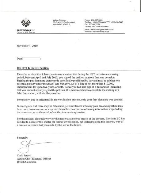 Letter to duplicate voters from Elections BC | Vancouver Sun