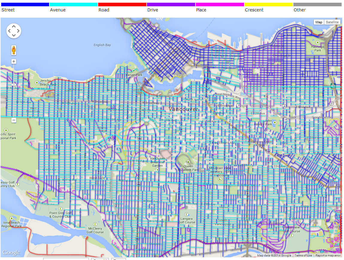 Streets, Roads and Avenues: A colour-coded map of Metro Vancouver ...