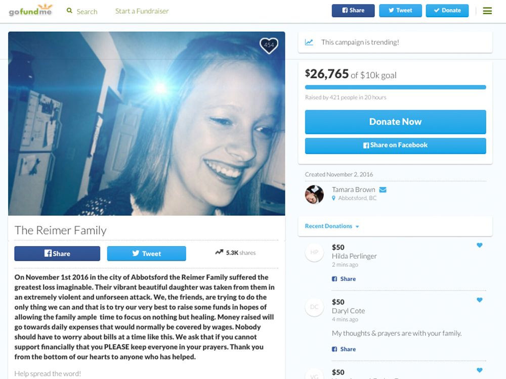 GoFundMe set up for family of slain Abbotsford girl Letisha Reimer ...