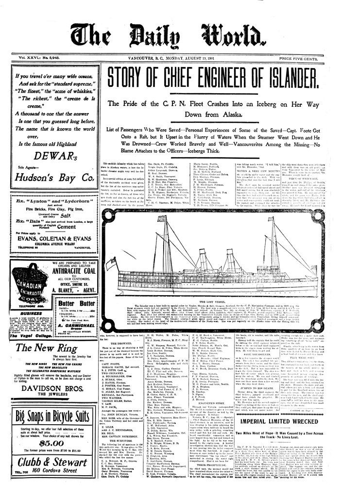 This Week in History: 1901: Canadian Pacific steamship Islander strikes ...