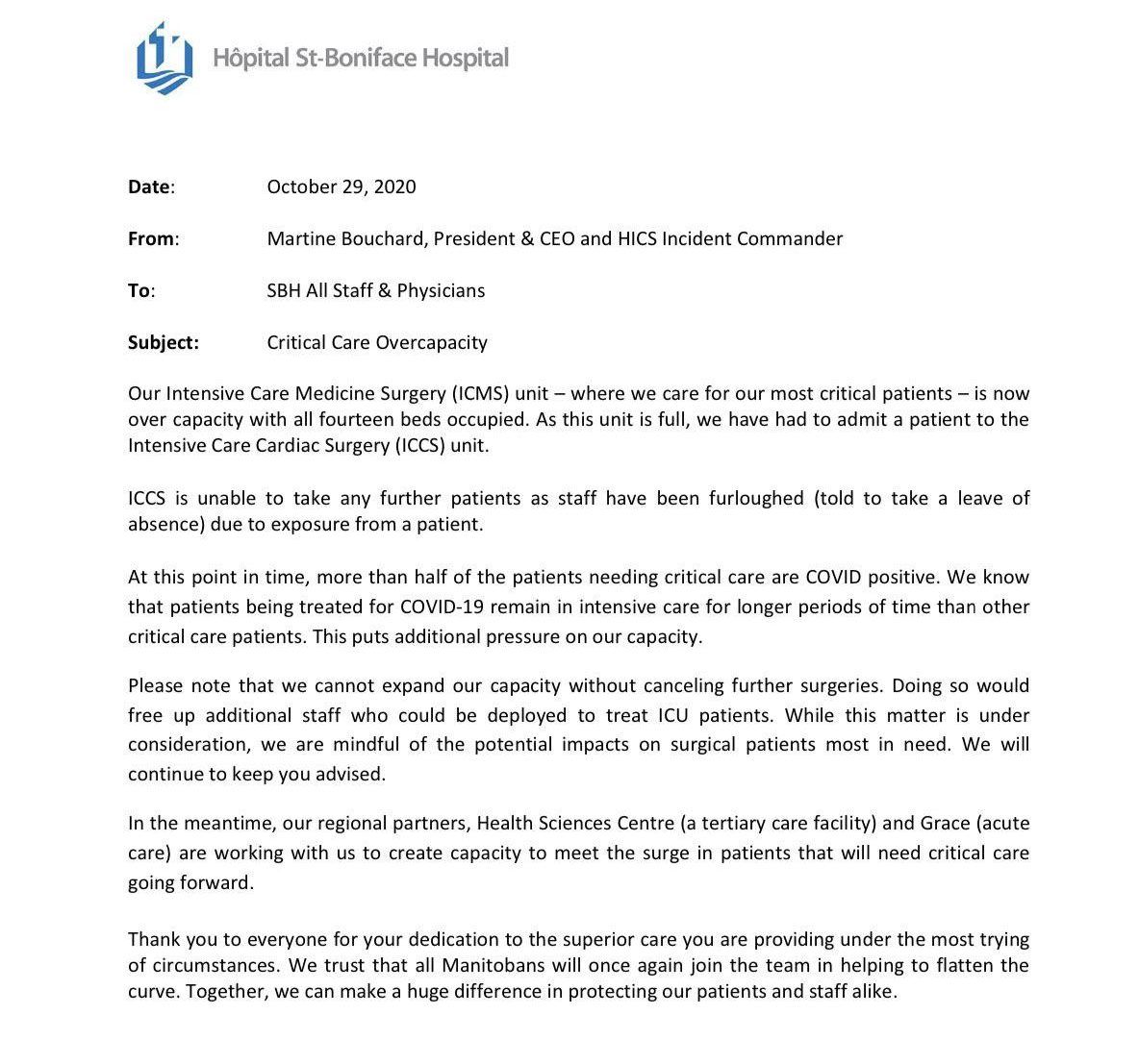 St. Boniface Hospital ICU over capacity: internal memo | Winnipeg Sun